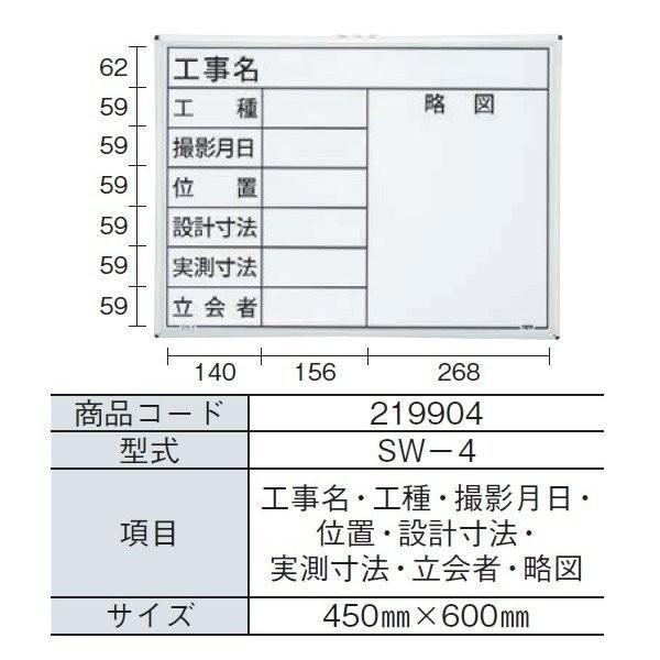 【仕様】型式：SW-4項目：工事名・工種・撮影年月日・位置・設計寸法・実測寸法・立会者・略図）サイズ：４５０mm×６００mm【付属品】マーカー（黒）1本、マグネット付ラーフル（サイズ：１１５×５５×２０mm）
