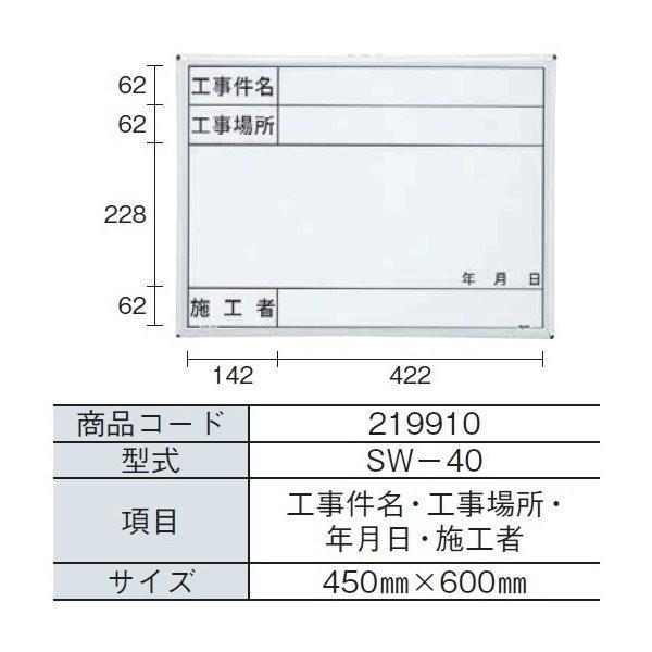 【仕様】型式：SW-40項目：工事件名・工事場所・年月日・施工者サイズ：４５０mm×６００mm【付属品】マーカー（黒）1本、マグネット付ラーフル（サイズ：１１５×５５×２０mm）