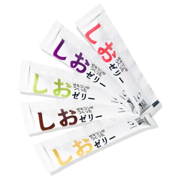 手軽に美味しく塩分チャージができるゼリータイプ1本あたり約0.15gの塩分配合・ぶどう・りんご・レモン・ライチ・マスカット[原材料](りんご、マスカット、ライチ、ぶどう)：食塩（国内製造）、茶化乾燥エキス、グルコマンナン、海藻粉末／甘味料（...
