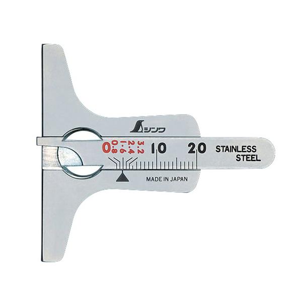●小型で携帯に便利です。●ロックネジ付です。[仕様]●本体サイズ 60×55×10mm●製品質量 32g●材質 本体：ステンレス　ネジ：鉄●器差 ±0.1mm●測定範囲 0〜20ｍｍ●タイヤ溝深さ限度 二輪車：0.8mm 乗用車：1.6mm...