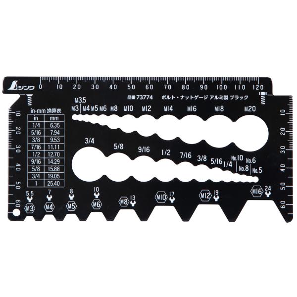 ●サビに強いアルミ製です。●当てたり挿したりするだけで簡単にボルトやナット、対応スパナのサイズが確認できます（ナットはボルトから外さずにサイズを確認できます）。●様々な形状のねじの長さを測れます。●インチ・ミリ換算表付です。●ストラップ穴付...