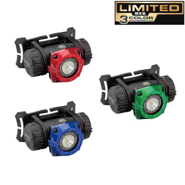 メタルレッド・メタルブルー・メタルグリーンの3色限定品電池別売明るさ：最大500lm、250lm、50lmの3照射切替電源：乾電池（単4形電池×3本）照射時間：4h（明るさ最大値の場合）小型・軽量の電源一体型LEDヘッドライト回転＆スライド...