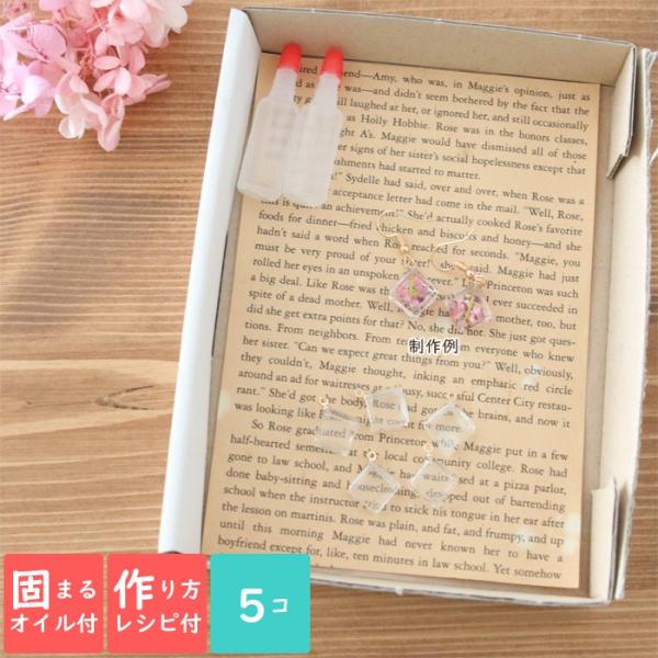 マニュアル付き！イヤリング、ピアス、ネックレスの3通りのアクセが作れるキットです！どんな固まるオイルで作ればいいかわからない！という方にオススメ！アクリル部分がスクエアタイプのアクセサリーキット5点セットです。トップにヒートンが付いています...