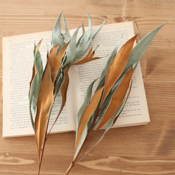 裏表で色の異なる、ナチュラル＆モダンなグリーンが登場！茶色とゴールドを混ぜたような、角度により若干光沢感の感じる茶系と、シルバーリーフのようなグリーン系の色味を1枚の葉で楽しむことができます。スワッグ、ブーケ、各種アレンジメントの花材として...