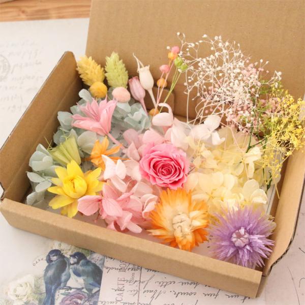 パステル系カラーで、カラフルに仕上げた花材セットです。イエロー、オレンジ、グリーン、ピンク、ホワイト、パープル系の花材を使用し、賑やかさを醸し出しています。写真のように箱にたっぷりお詰めします。ハーバリウム、キャンドル、各種アレンジメント等...
