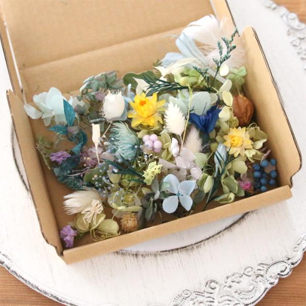 ブルー、ホワイト、ターコイズなど様々なカラーの花材キットです。ハーバリウム、キャンドル、各種アレンジメント等の材料にお役立てください。■サイズ：・パッケージサイズ（外寸）：約16×12×3cm■素材：・プリザーブドフラワー・ドライフラワー■...