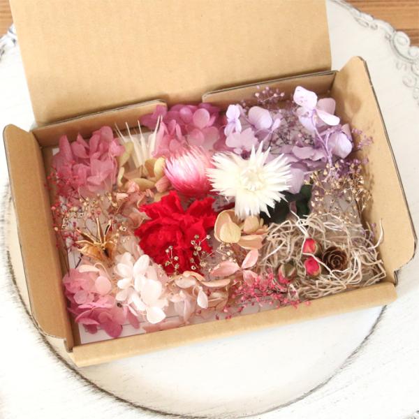 エレガントで上品な色合いに仕上げたカーネーションの花材キットです。赤のカーネーションが引き立ちます。プリザーブドフラワーを主材とし、ドライフラワーもところどころ使用しています。ハーバリウム、リース、フラワーボックス、各種フラワーアレンジメン...