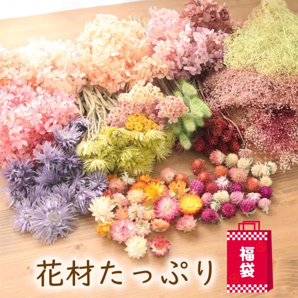 プリザーブドフラワー・ドライフラワー花材合計20点入りの福袋です。通常購入よりもお得な5,000円（税込）・送料無料でお届けします。【内容例】・プリザーブドフラワーあじさい×6輪・かすみ草×3束・ポアプランツ×1束・ラグラス×1束・シルバー...