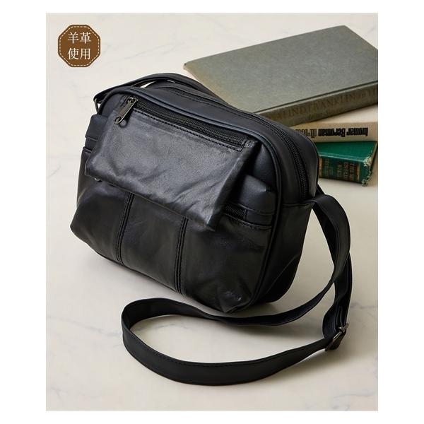 【カラー】黒 【素材】素材＝羊革（シープ）・合成皮革　サイズ＝たて約17×よこ約23×まち幅約11.5cm 　開閉＝ファスナー 　ポケット＝外：4個（ファスナー2、オープン２） ショルダーベルトの長さ＝約69〜138cm調整可・取り外し不可...