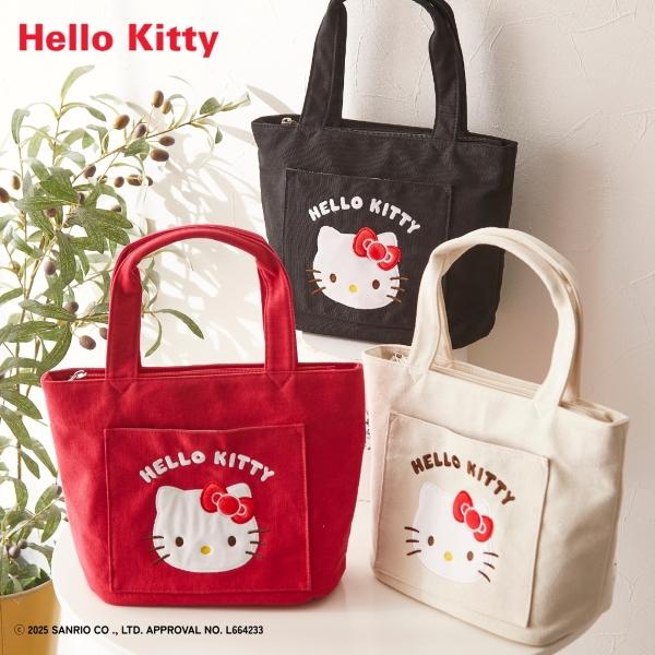 【カラー】アイボリー/黒/りんごレッド 【素材】材質＝綿　サイズ＝たて約24×よこ（上部）約33（底部）約24.5×まち幅約13cm　開閉＝ファスナー　ポケット＝中：9個（オープン7、ファスナー2）外：2個（オープン1、ファスナー1）持ち手...