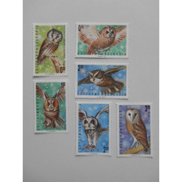 1992年発行のブルガリアの切手「夜行性猛禽類」です。30st.：キンメフクロウ50st.：モリフクロウ1lv.：トラフズク2lv.：コミミズク2lv.：コノハズク3lv.：メンフクロウ1992年12月23日発行4.3cm × 2.9cm　...
