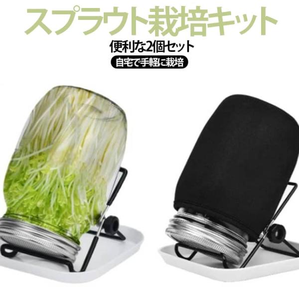 商品名:家庭用 スプラウト栽培キット トレイ付き 2点セット メッシュ蓋 ステンレススタンド 水耕栽培 遮光スリーブ付き 斜め置き ガラス瓶 発芽栽培容器 2点セット 室内栽培 豆苗 ブロッコリースプラウト アルファルファ 緑豆 レンズ豆 ...