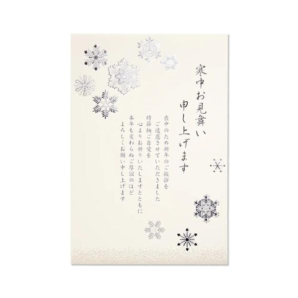 雪華文は様々な雪の結晶を花のように意匠化した日本の文様です。パールを中心に控えめな色調にまとめました。余白部分が少なく、短い文章でもまとまりやすいレイアウトです。喪中で年賀状を出さなかった方が、年賀状が届いた場合の返礼としてお使いいただけま...