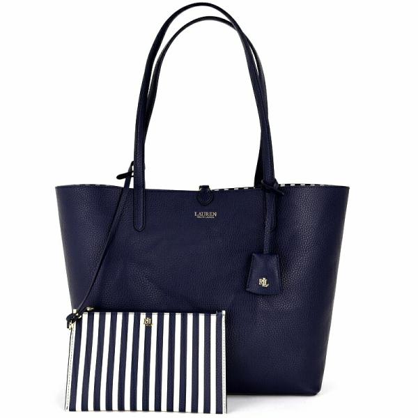 LAUREN RALPH LAUREN 合皮 キーリング付 紺 たて縞 オープントート ナスカン 通勤 通学 肩掛け 手提げ バック カバン レディース 中古   アクトワンヤフー店 送料無料