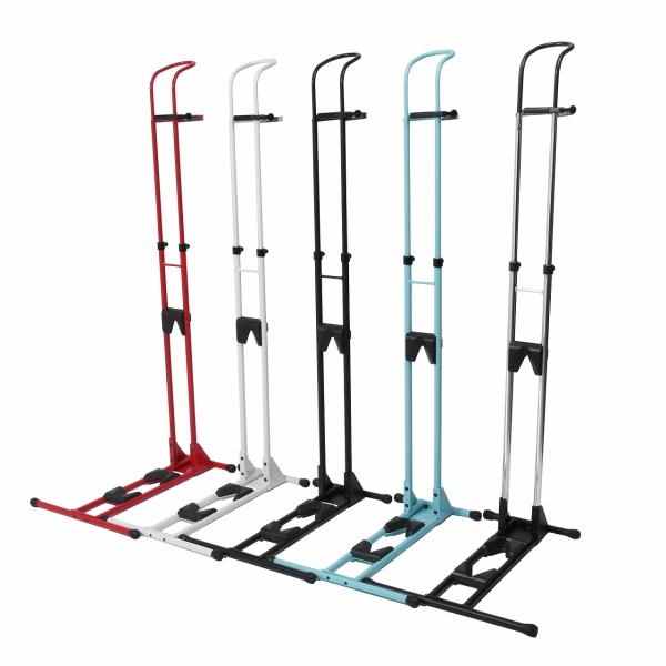 カラー：ブラック、ホワイト、レッド、チェレステ本体サイズ：(約)幅53cm×奥行65cm×高さ146~182.5cm材質：スチール（ホイール受け部PEコーティング）本体重量：(約)7.2kg耐荷重：30kg対応バイク：ロードバイク、クロスバ...