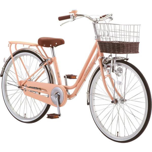 オシャレな籐風バスケットのついた、ジュニアシティサイクル。カラー：ペールオレンジ、パープル、ウィスパーブルーサイズ：24インチ (130cm-)フレーム：スチールスピード：シングル最低地上高：64cm重量：16.6kg装備：前カゴ、前後ドロ...