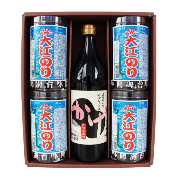 商品情報内容 あわじのり48枚入り×４個兵庫奥播州産　かけしょうゆ900ml×１本サイズ ２．５ｋｇ箱サイズ　３３１×２８１×８４mm原材料名 ■かけしょうゆ・・・しょうゆ（本醸造）、たん白加水分解物、かつお節エキス、果糖ぶどう糖液糖、本み...