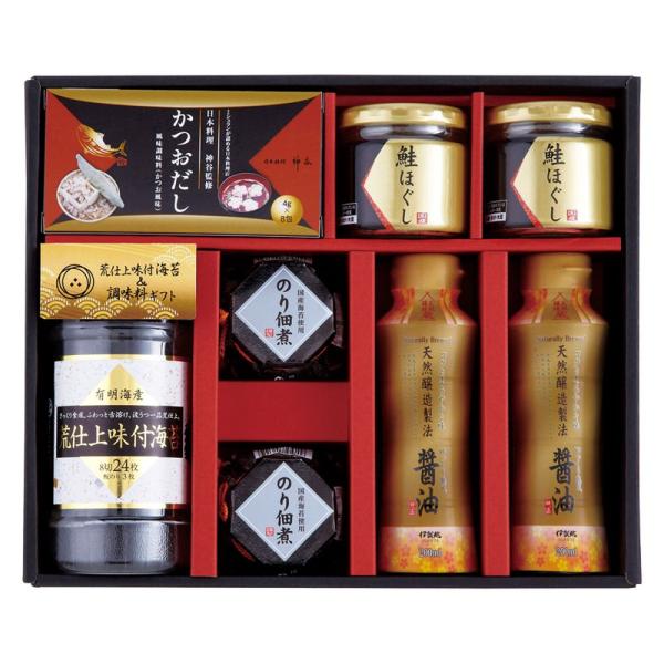 【商品名】 荒仕上味付海苔＆調味料ギフト 【内容】セット内容-鮭ほぐし 50g ・のり佃煮 80g ・伊賀越 天然醸造醤油 200ml ×各2、かつおだし 4g×8袋 ・味付のり 8切24枚 ×各1 【箱サイズ】25.5×30.5×8.5c...