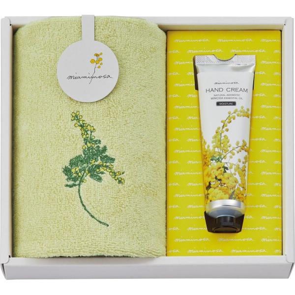 【商品名】 ハンドタオル＆ハンドクリームＣ 【内容】●ハンドタオル1枚・ハンドクリーム50ｇ1本 【サイズ】●現品 ハンドタオル 約35×34ｃｍ 【箱サイズ】19×23×4.5cm 【商品について】春を告げる花ミモザをモチーフとした今治タ...