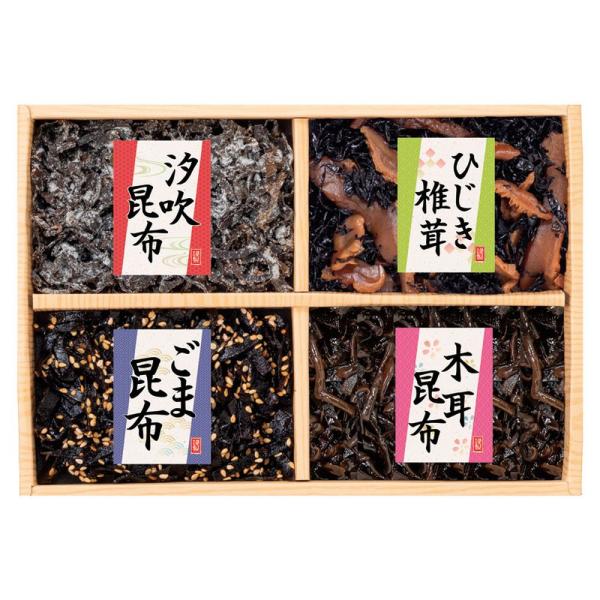 【商品名】 風味彩々 4品佃煮詰合せ 【内容】ごま昆布・ひじき椎茸・わかめ佃煮 各40g ・汐吹昆布 15g ×各1 【箱サイズ】14.5×21.5×3cm 【賞味期限】常温10ヶ月 (表示期限の半分以上) 【商品について】明治35年より伝...