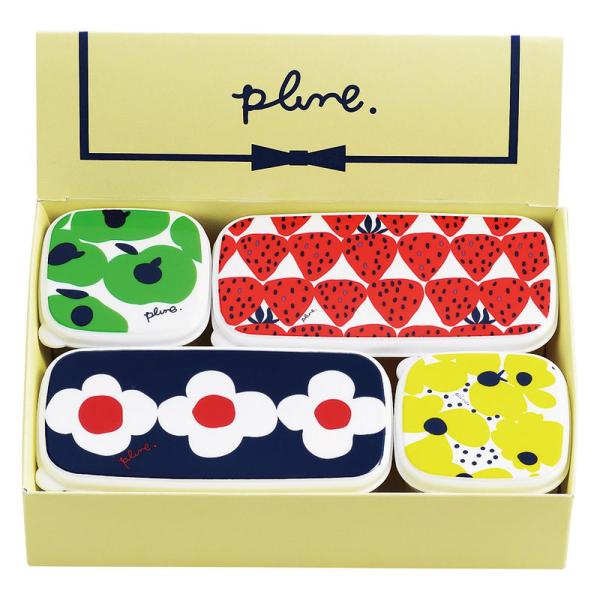 【商品名】 シール容器4点セット・A 【内容】正角型 6.8×6.8×4.6cm・130ml ・長角型 13.6×7×4.6cm・290ml ×各2 【箱サイズ】14×21×5cm 【商品について】フルーツ＆フラワー模様で女性に好まれます。...