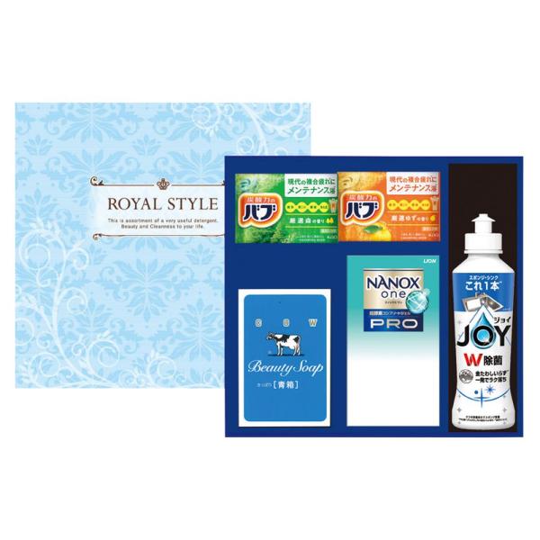 【商品名】 ロイヤルスタイルセット 【内容】セット内容-花王バブ×2、P＆G除菌ジョイコンパクト 170ml ・ライオンナノックスonePROワンパック 2包 ・牛乳石鹸青箱×各1 【箱サイズ】19×19.5×5.2cm 【商品について】キ...