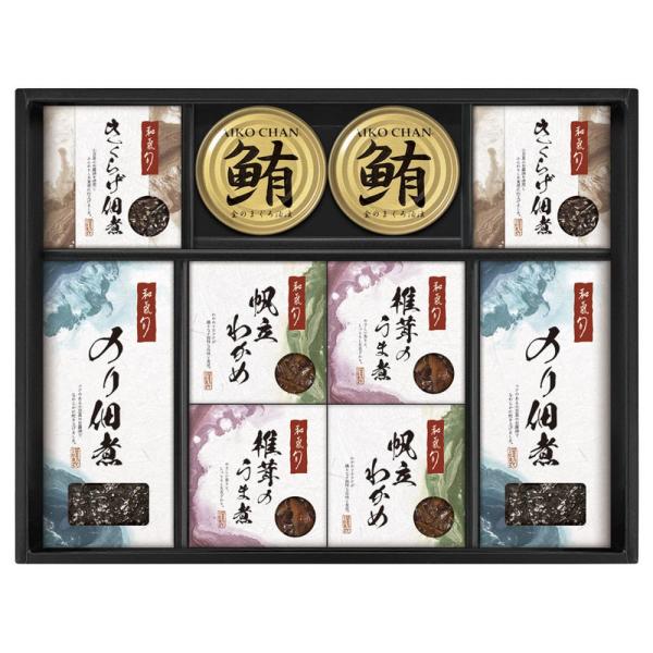 【商品名】 佃煮詰合せ 【内容】のり佃煮 65g ・帆立わかめ 30g ・きくらげ 40g ・椎茸のうま煮 27g ・鮪油漬けフレーク 70g ×各2 【箱サイズ】29×38×5.3cm 【賞味期限】常温1年 (表示期限の半分以上) 【アレ...