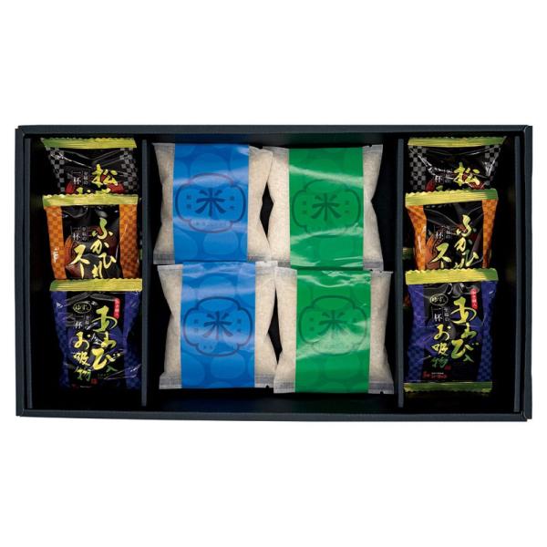 【商品名】 新潟米食べくらべお吸物ギフトセット 【内容】新潟県産コシヒカリ・新潟県産こしいぶき 各150g ・ふかひれスープ 5.5g ・松茸のお吸物 4.2g ・あわび入お吸物 4g ×各2 【箱サイズ】24.5×41×6cm 【賞味期限...