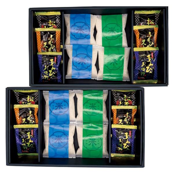 【商品名】 新潟米食べくらべお吸物ギフトセット 【内容】新潟県産コシヒカリ・新潟県産こしいぶき 各150g ・ふかひれスープ 5.5g ・松茸のお吸物 4.2g ・あわび入お吸物 4g ×各4 【箱サイズ】25×42×13.3cm 【賞味期...