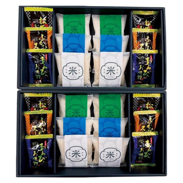 【商品名】 新潟米食べくらべお吸物ギフトセット 【内容】新潟県産コシヒカリ・新潟県産こしいぶき・五ツ星マイスターブレンド米 各150g ・ふかひれスープ 5.5g ・松茸のお吸物 4.2g ・あわび入お吸物 4g ×各4 【箱サイズ】25×...