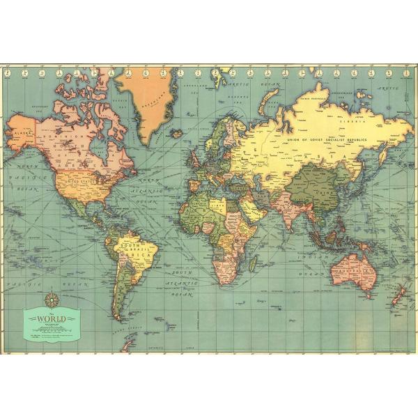 1940年代のレトロ＆クラシックな世界地図古地図 アンティークマップを高級紙製のポスターに。ラッピング用の包装紙としても使えます。一般的なB2判51.5×72.8cmよりも小さいサイズです。サイズ：約縦50×横70cm(実寸は表示サイズより...