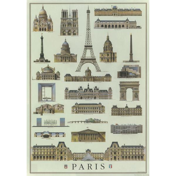 フランス・パリの名所建築を集めたポスター。インテリアに最適なクラシックなデザインのアートポスターです。その他、ラッピング用の包装紙としても使えます。サイズは一般的なB2判（51.5×72.8cm）よりも小さめ。■サイズ：約縦70×横50cm...