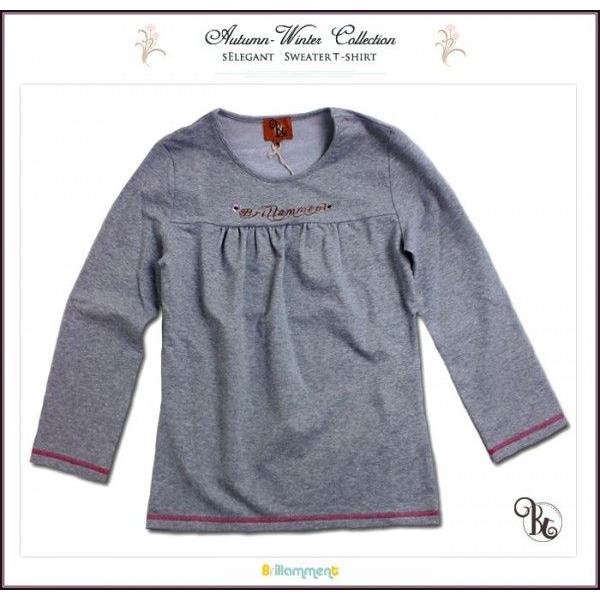 130cm 140cm 伸縮性抜群手触りが滑らかの上質ニットのトレーナー（長袖Tシャツ）。胸元にエレガントな英文字刺繍が施され、高級感のあるワンポイントになっています。どんなコーディネートにも馴染みやすいベーシックなふんわり滑らか手触り。優...