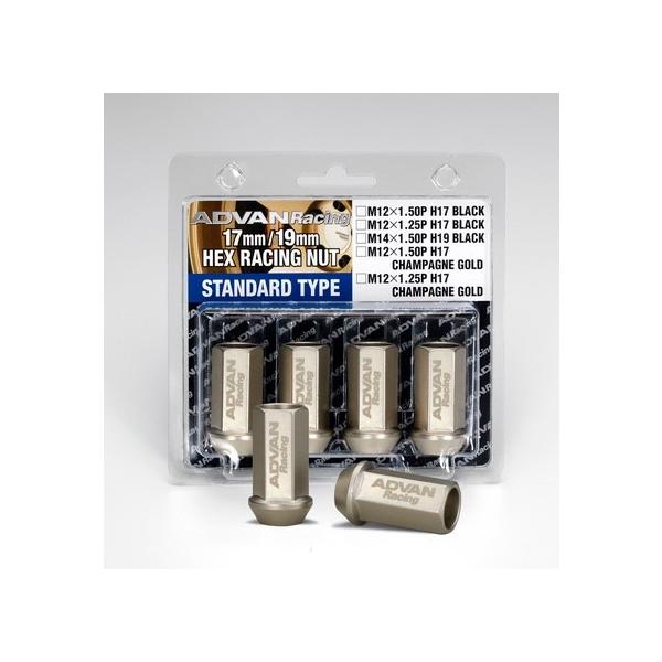 ＡＤＶＡＮRａｃｉｎｇ　ＮＵＴ　シャンパンゴールド★ナットサイズ：Ｍ１２Ｘ１．２５/Ｍ１２Ｘ１．５（お選びください）　１７ＨＥＸ★面幅１７ｍｍ小径貫通ナット　４個１組★シャンパンゴールド★材質：スチール★ロゴ：レーザー文字