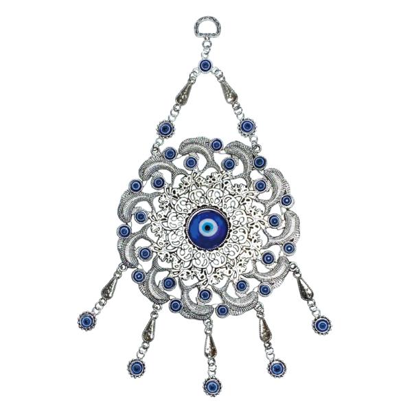 ・商品名ナザールボンジュー オーナメントサークル イルカ・サイズ全長：約29ｃｍ横幅：約14ｃｍ重さ：約168ｇナザールボンジュウとは？トルコのお守りで青いガラスに青・水色・白の順番で目玉を描いています。大きな目で視線（邪視）から災いをはね...