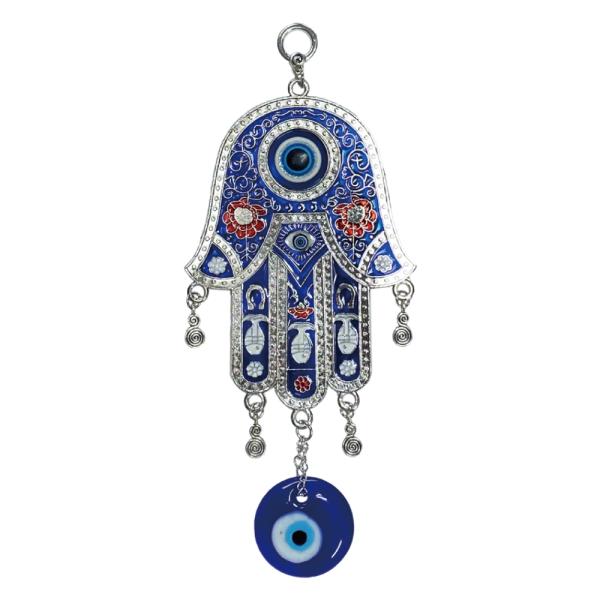 ・商品名ナザールボンジュー オーナメントファティマ【LD】・サイズ全長：約21.5ｃｍ横幅：約9ｃｍ重さ：約70ｇナザールボンジュウとは？トルコのお守りで青いガラスに青・水色・白の順番で目玉を描いています。大きな目で視線（邪視）から災いをは...