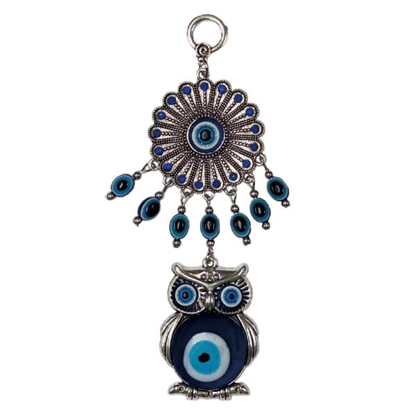 ・商品名ナザールボンジュー キーホルダーフクロウ【SB】・サイズ全長：約15ｃｍ横幅：約4.5ｃｍ重さ：約50ｇナザールボンジュウとは？トルコのお守りで青いガラスに青・水色・白の順番で目玉を描いています。大きな目で視線（邪視）から災いをはね...