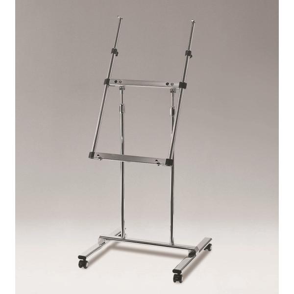 ● B1までのポスターパネルに対応する傾斜スタンド、キャスター仕様。＝仕様＝対応サイズ：A2・B2・A1・B1　パネル厚30mmまで本体：スチールクロムメッキ仕上重量：6.2kg静止安全荷重：10kgまでキャスター付組立式※ゆるみ防止のため...