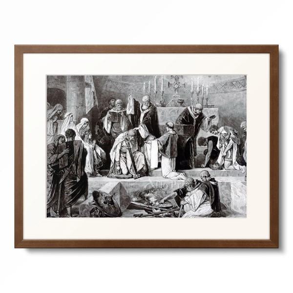 Imagetitle: Baptism of the Merovingian king Clovis by bishop Saint Remigius, 496. Medium: Steel engraving