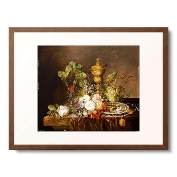 Artist:  Coppin Stannard, Emily,1803-1885 Imagetitle:  A Still Life with Flowers, Grapes, a Silver Plate, a 'Facon De Ve...
