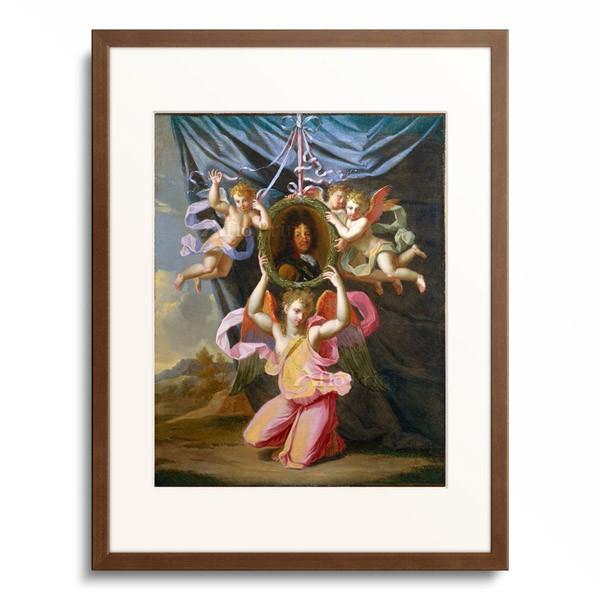 Artist: Le Brun, Charles, Follower of,(1619-1690) Imagetitle: Angels Supporting an oval Portrait of Louis XIV before a D...