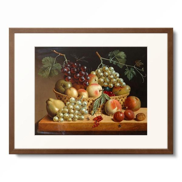 Artist: Danisch,19th century Imagetitle: A Basket of Grapes, Apples, Peaches and other Fruit on a Ledge. Circa 1833 Dime...