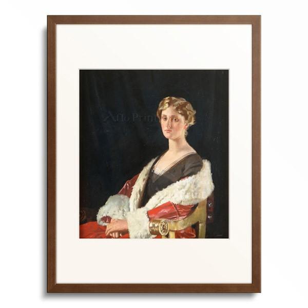 Artist: Orpen, Sir William,1878-1931 Imagetitle: Portrait of Nancy Oswald Smith, seated half length, in a Red fur-lined ...
