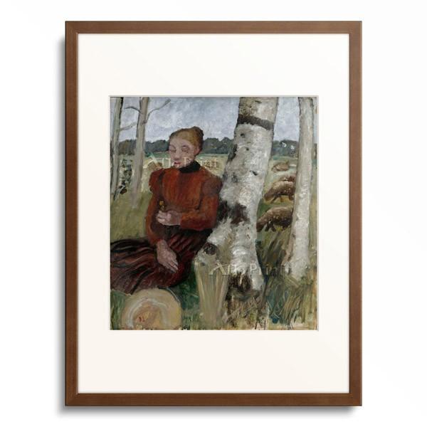 Artist: Modersohn-Becker, Paula,1876-1907 Imagetitle: Girl leaning against a trunk of a birch tree, a flock of sheep in ...