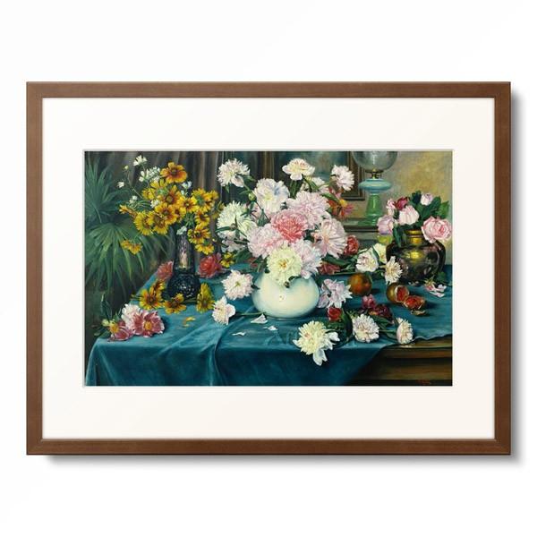 Artist: Knittel, Anna,1841-1915 Imagetitle: Peonies, Roses and other Flowers in Vases on a Table draped with a Blue Clot...