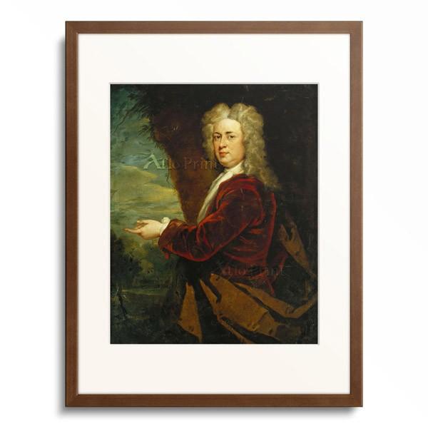Artist: Kneller, Gottfried,1646-1723 Imagetitle: Portrait of a Gentleman, Standing Half Length, Wearing a Red Velvet Jac...