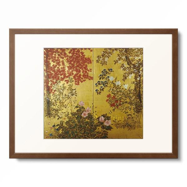 Imagetitle: A Two Leaf Japanese Screen On Gold Paper With Maple Branches, Camellias, Hydrangeas, Cherry Flowers, Lilies ...