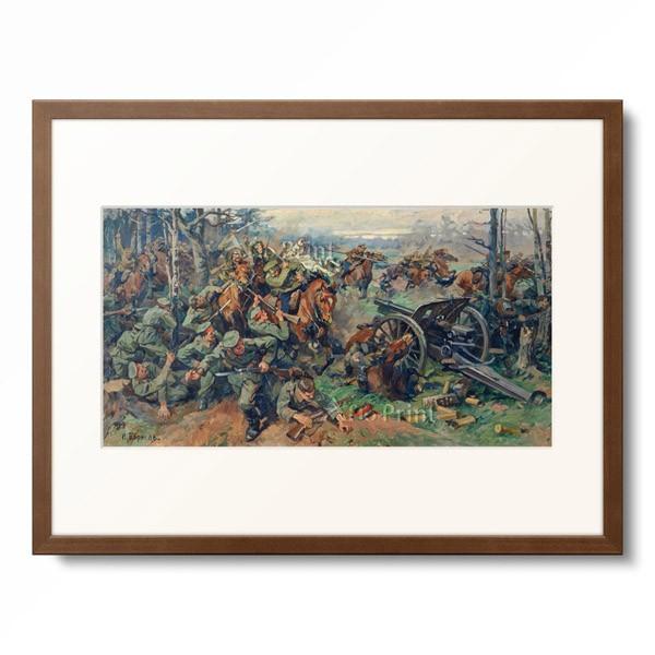 Artist: Borisov, Nikolay Yakovlevich,1873-1942 Imagetitle: Russian cavallery defeats German gun emplacement. 1915 Dimens...