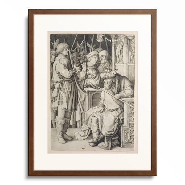 Artist: Leyden, Lucas van Imagetitle: David plays the harp for Saul. Dimensions: 25,7 x 18,5 cm Medium: copper engraving...