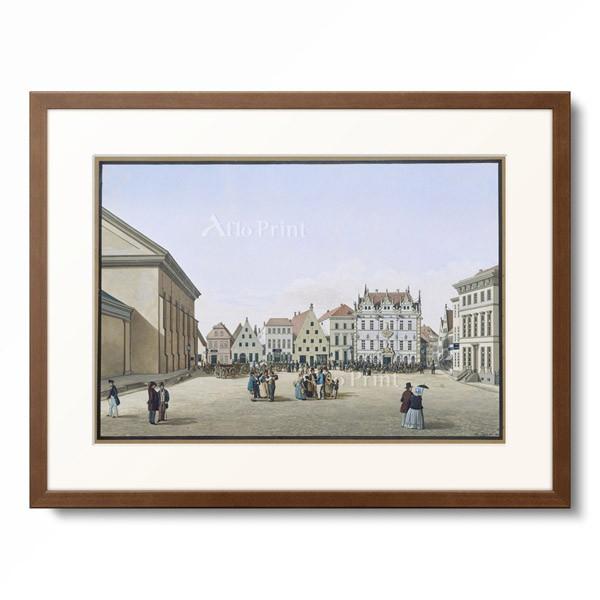 Artist: Presuhn the Elder, Theodor,1810-1877 Imagetitle: Market place with town hall and Lambertini church, Oldenburg. 1...